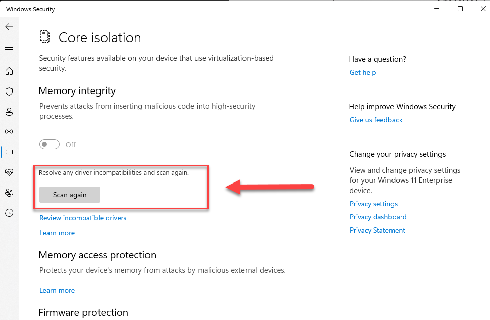 Core isolation Memory Integrity not available